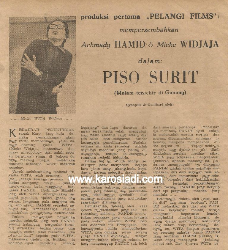 Piso Surit, Malam Terakhir di Gunung (1961) - Karo Siadi